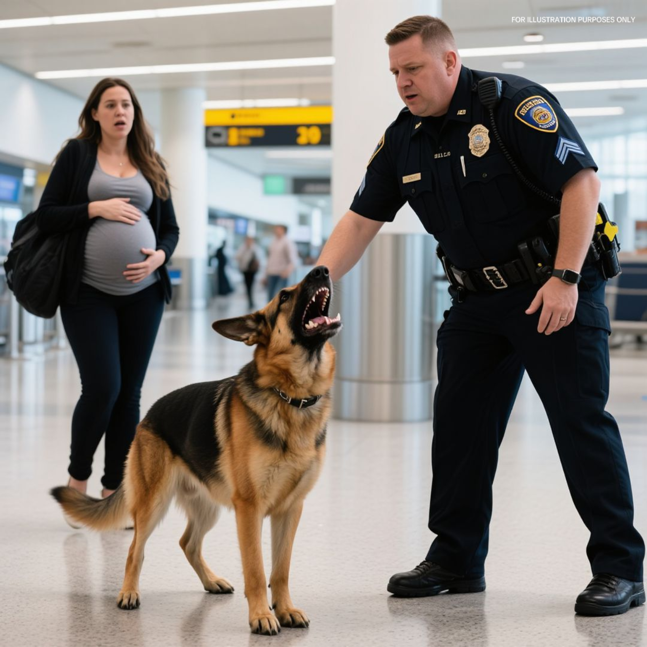 The dog barked frantically at a pregnant woman at the airport…