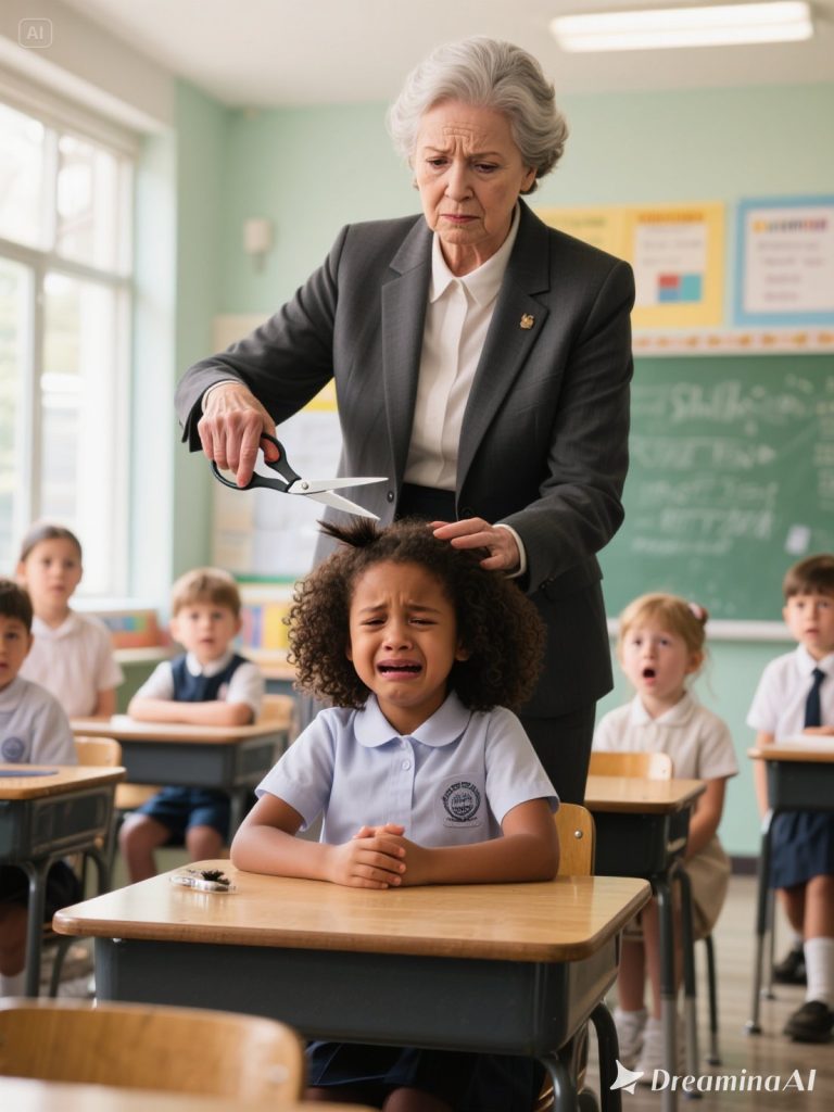 When the teacher saw the student’s long hair, she grabbed scissors and ...