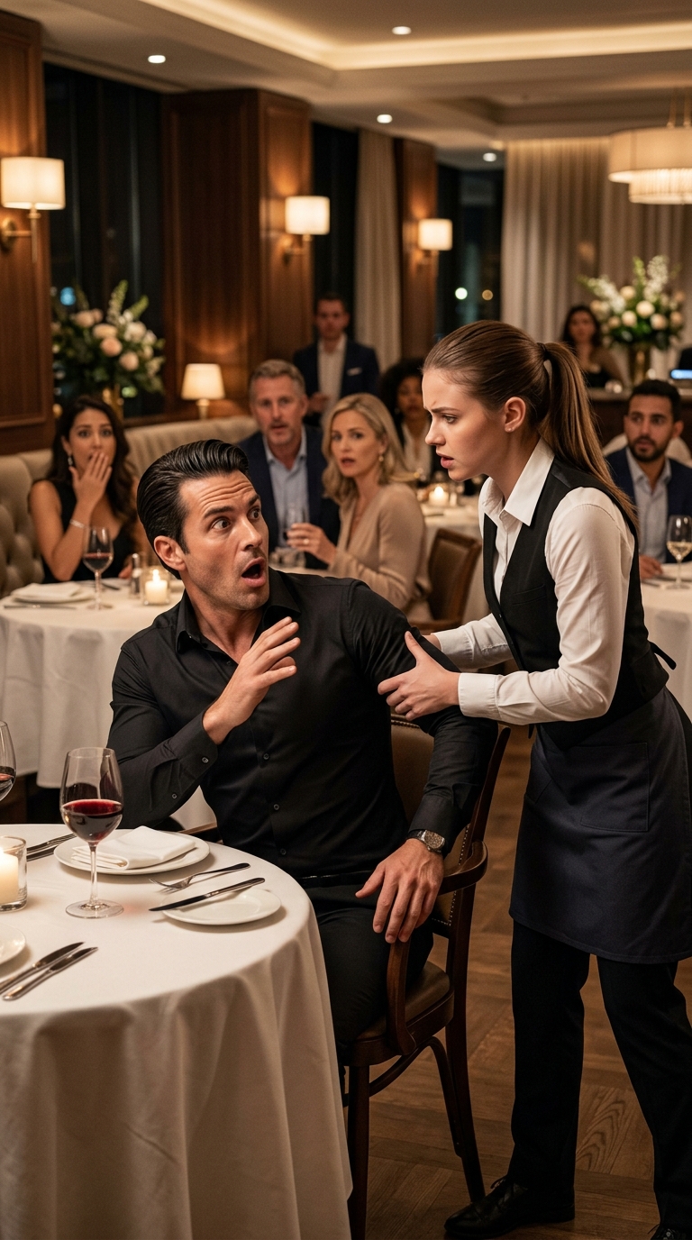 A waitress in a crowded dining room suddenly grabs a billionaire’s arm ...